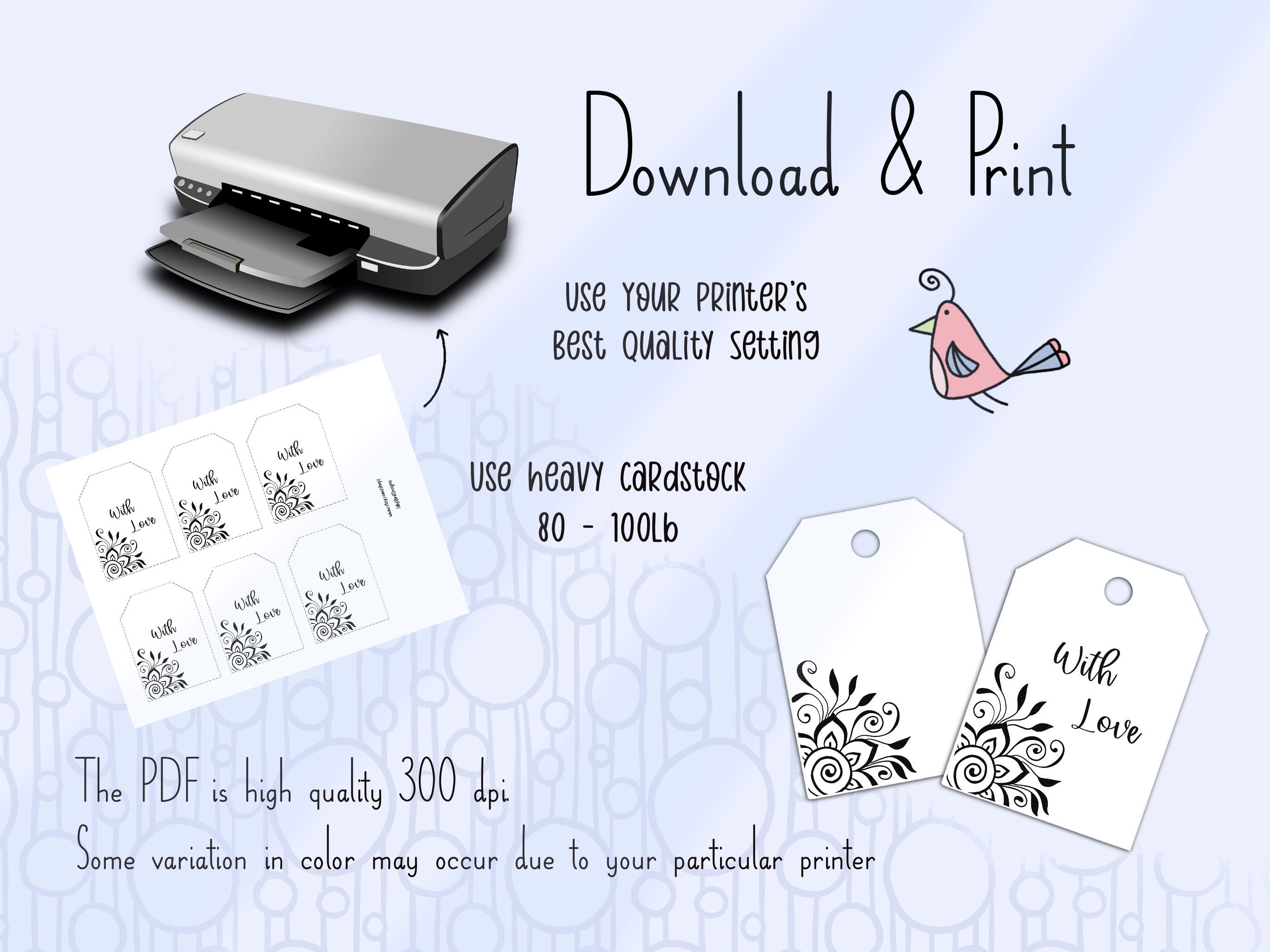 Printable Gift Tag Tangled Rose, Hand Drawn Notched Gift Tag, Blank ...