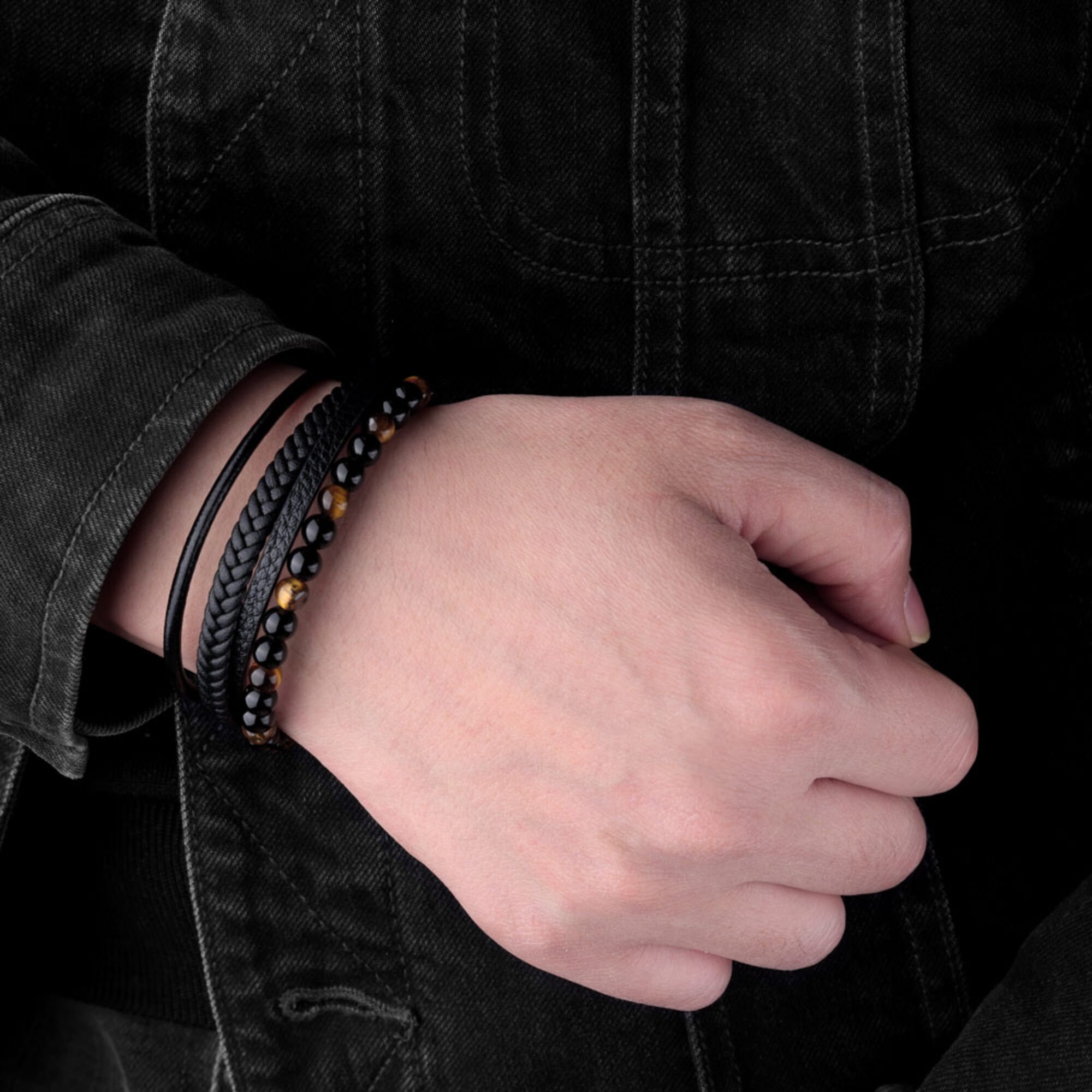 Mens Bracelet Leather Bracelet Black Bracelet Tiger-eye - Etsy UK