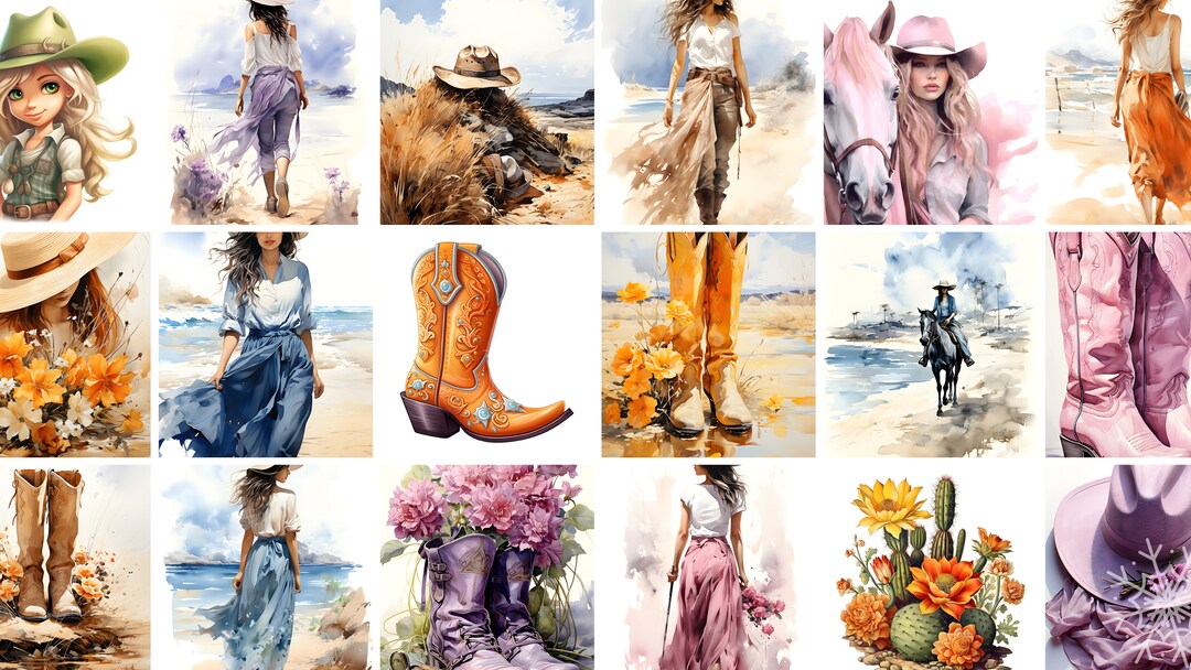 Coastal Cowgirl Bundle Digital Wall Art, 18 Images Watercolor Style in ...
