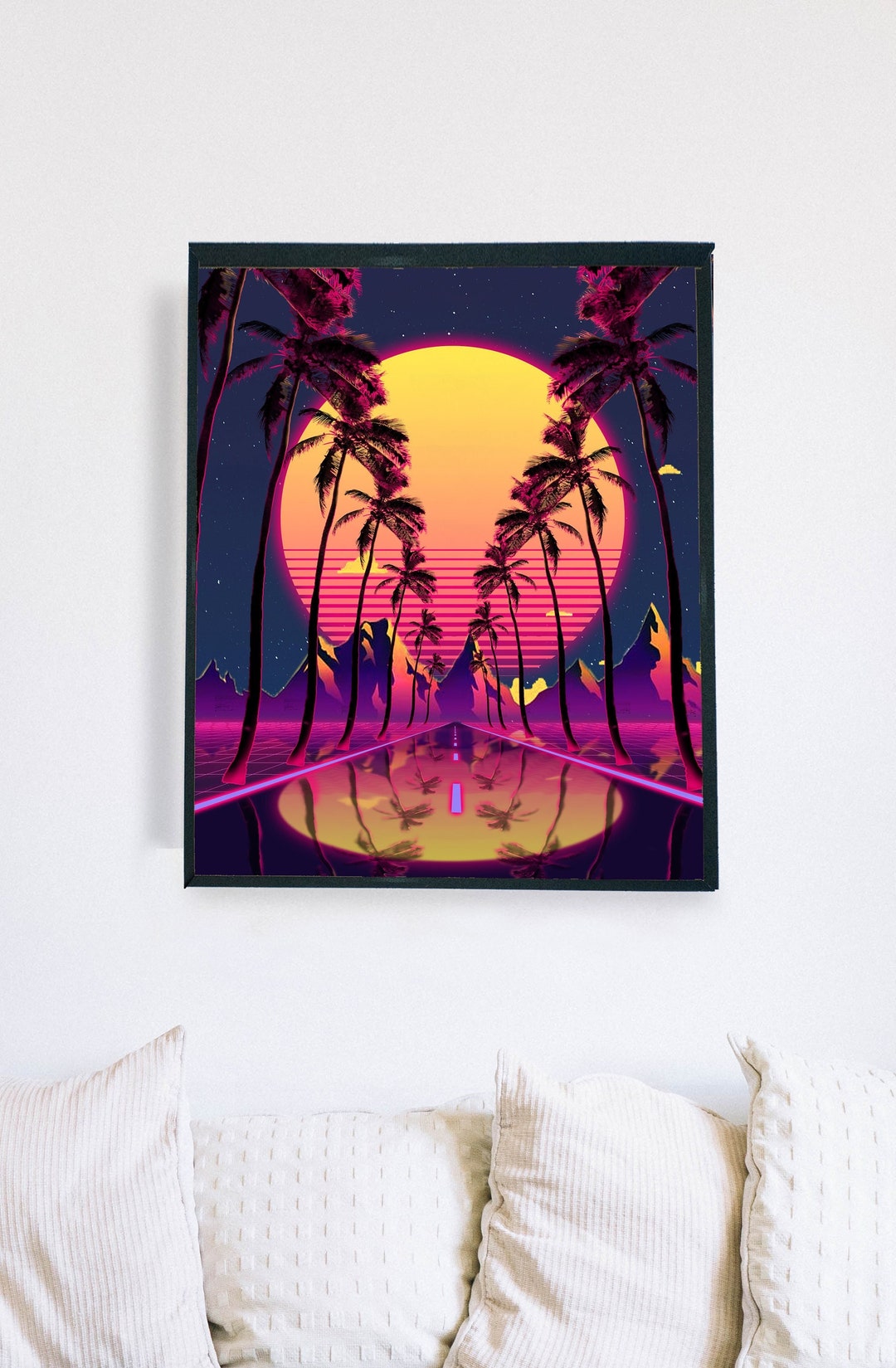 Outrun Mountain Sunset Palm Trees Landscape Digital Wall Art Prints ...