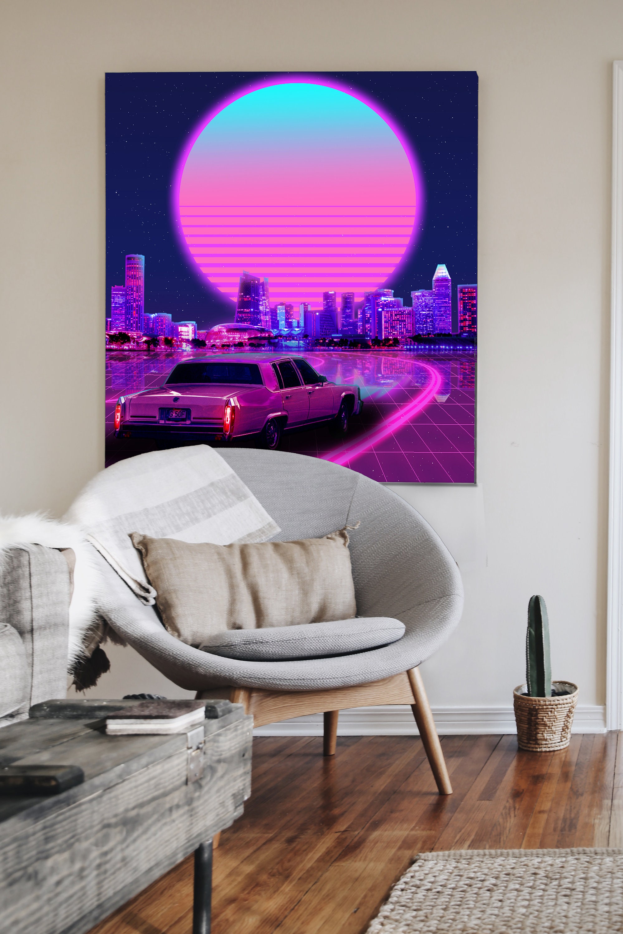 Retro Themed Art Outrun Car and City Landscape 80s Theme Digital Print ...
