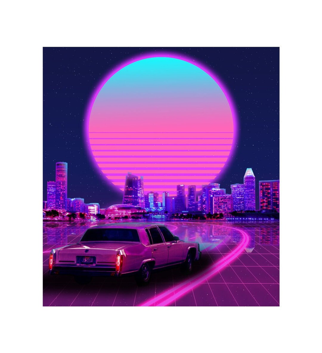 Retro Themed Art Outrun Car and City Landscape 80s Theme Digital Print ...