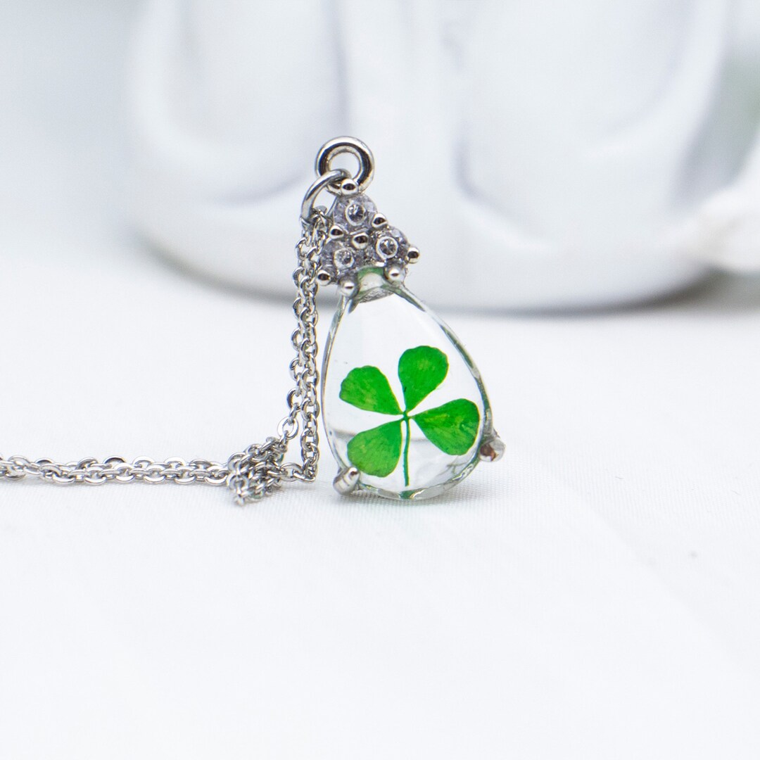 Real Four Leaf Clover Pressed Flower Necklace, Water Drop Glass ...