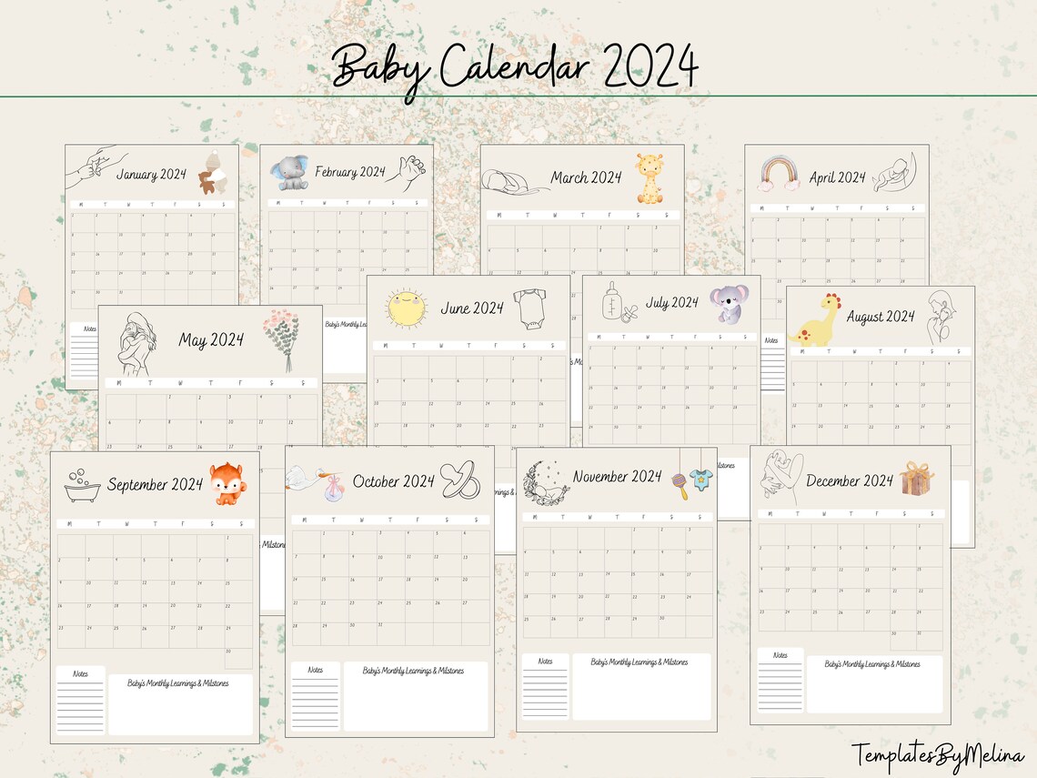 Baby Calendar 2024, Printable Monthly Calendar, Monthly Calendar ...