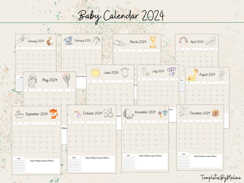 Baby Calendar 2024, Printable Monthly Calendar, Monthly Calendar ...