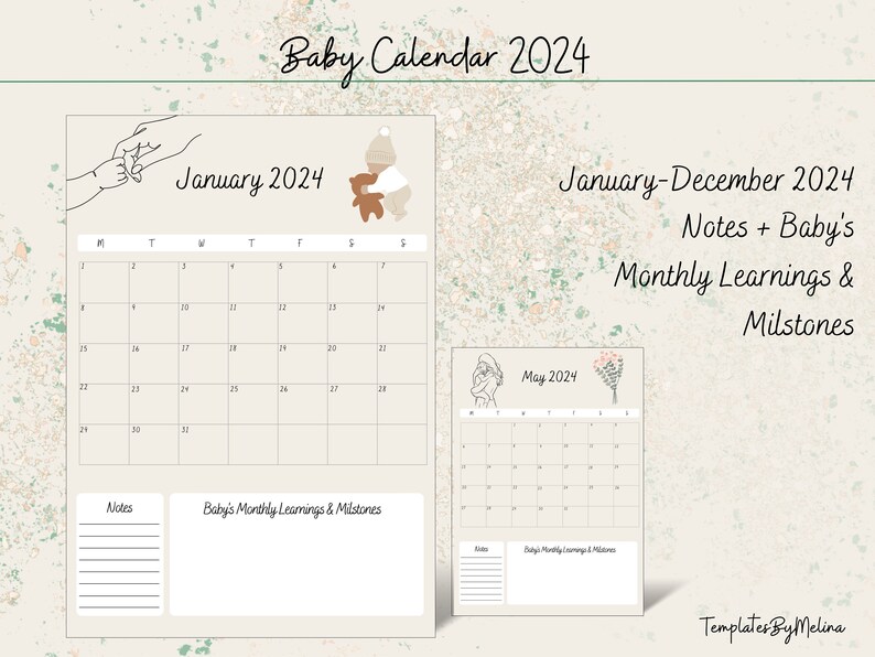 Baby Calendar 2024, Printable Monthly Calendar, Monthly Calendar ...