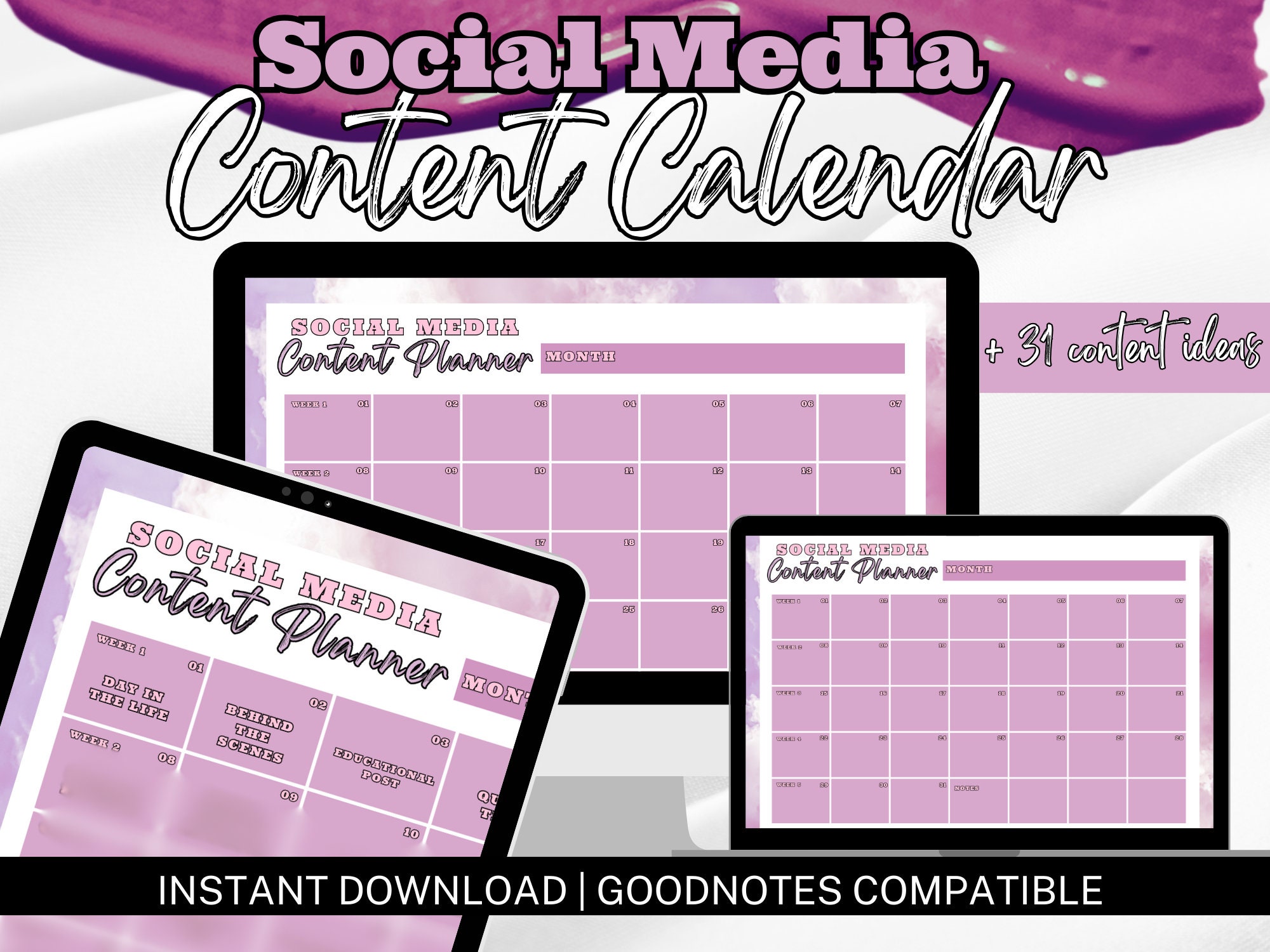 31 Day Social Media Content Calendar Template With Premade Ideas ...
