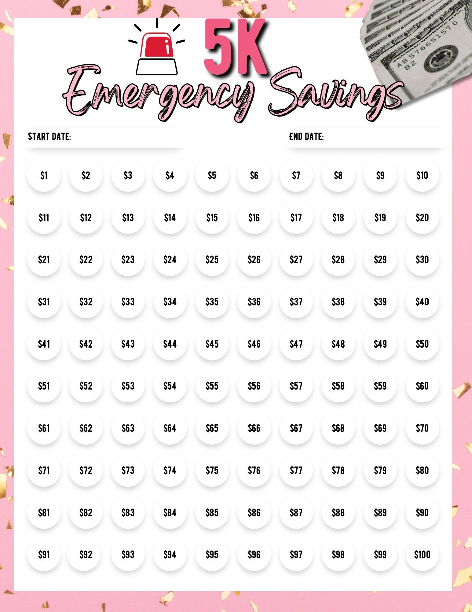 5k Emergency Savings Challenge, Printable 10000 Savings Challenge, 100 ...