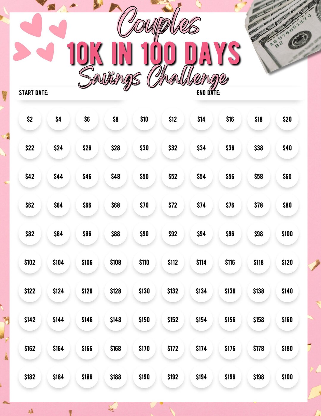 10K In 100 Days Couples Savings Challenge Printable 10000 Savings