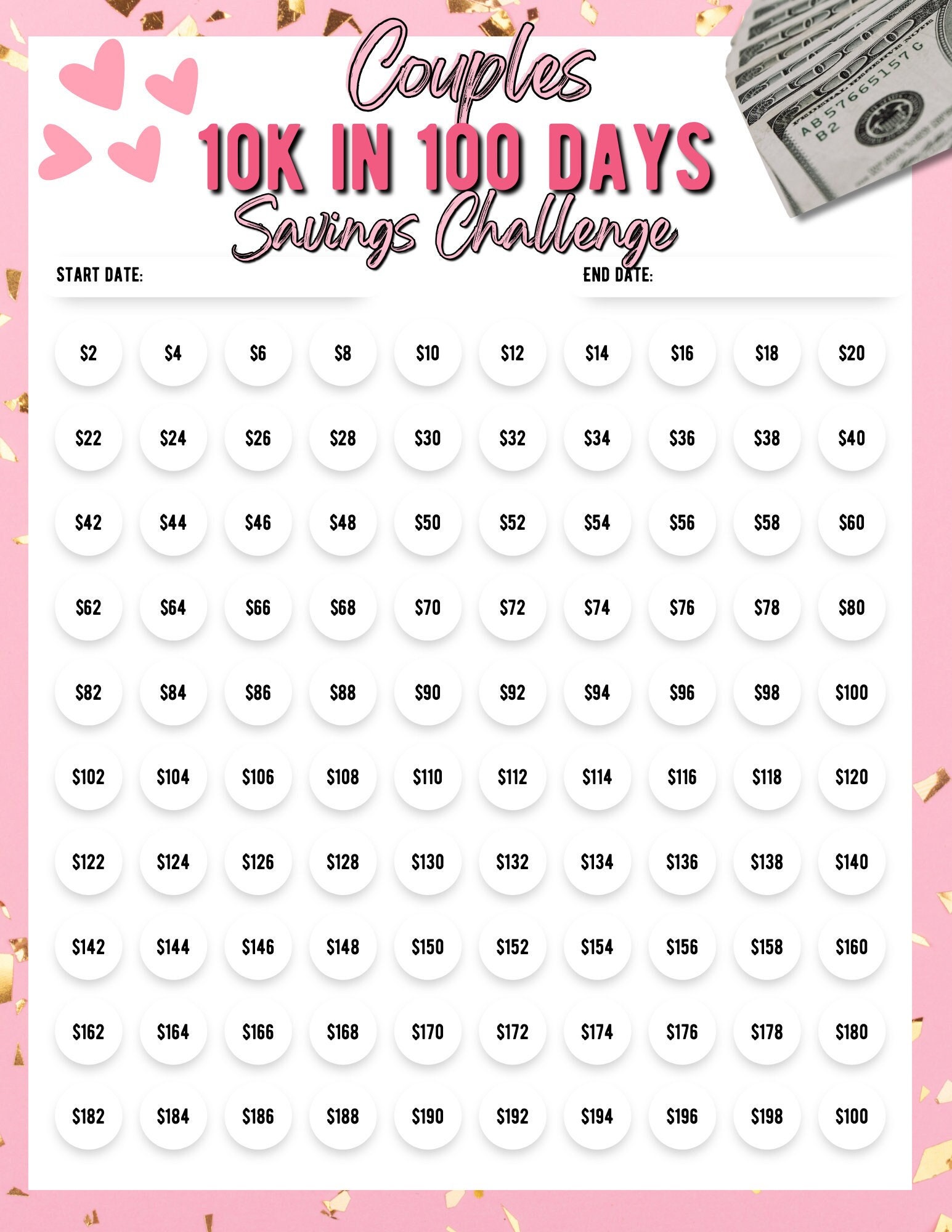 10K in 100 Days Couples Savings Challenge, Printable 10000 Savings ...