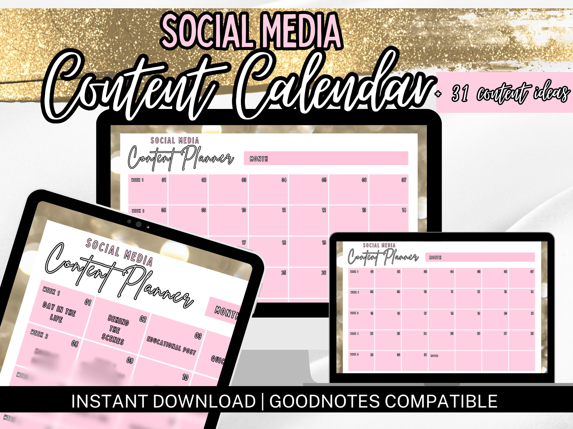 31 Day Social Media Content Calendar Template With Premade Ideas ...