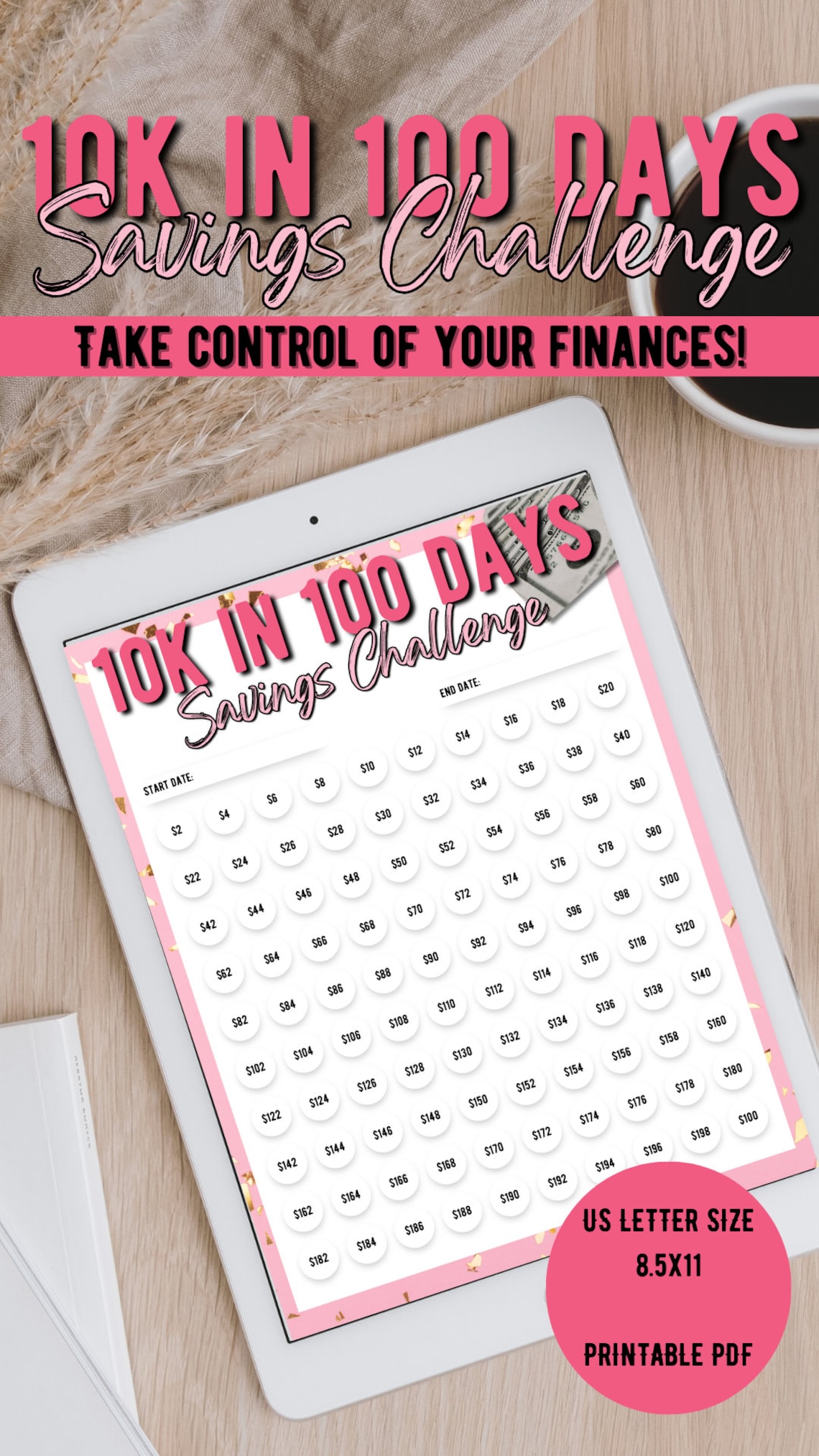 10K in 100 Days Savings Challenge, Printable 10000 Savings Challenge ...