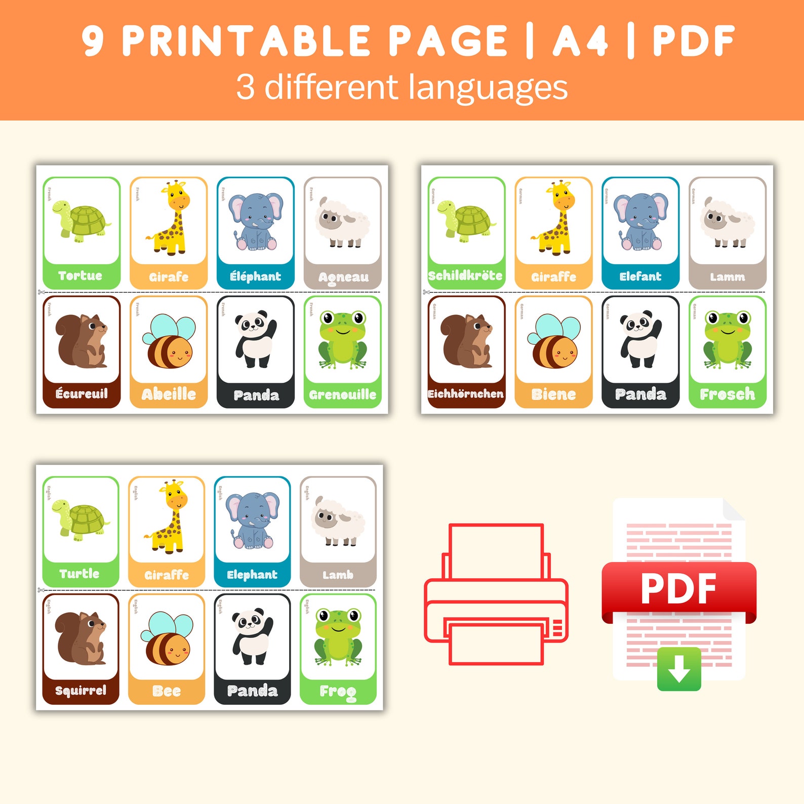 Printable Flashcards 24 English, German, and French Animal Flashcards ...
