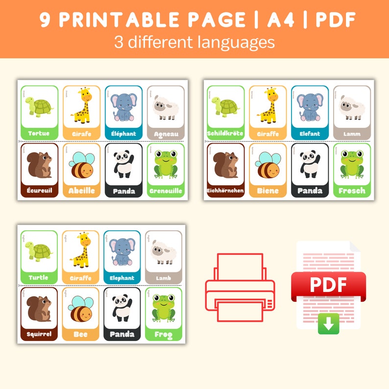 Printable Flashcards 24 English, German, and French Animal Flashcards ...