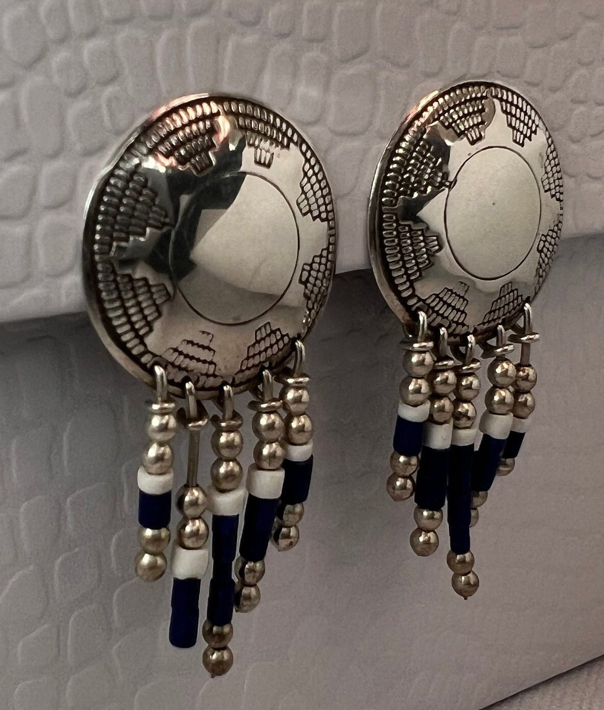Sterling Silver Concho Clip on Earrings, Blue and White Beads, Vintage ...