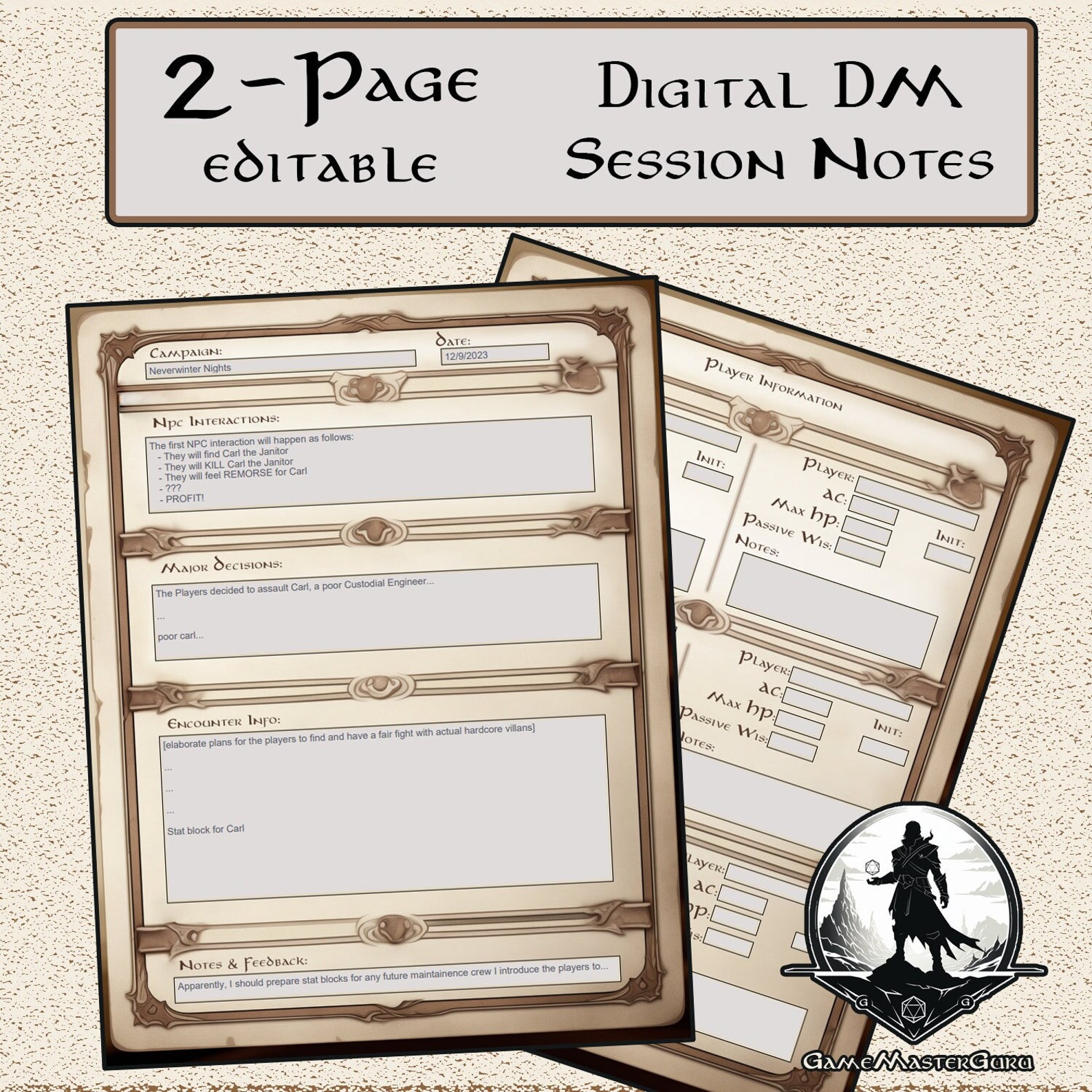 Digital DM Session Notes Editable PDF for Dnd Campaign Notes Sheet ...