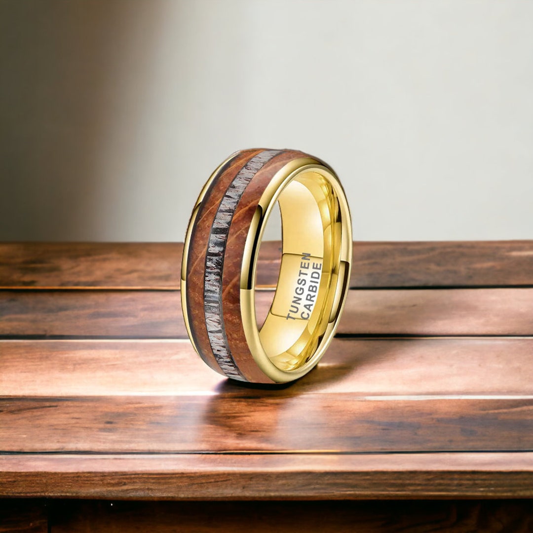 8mm Gold Whisky Barrel Oak Wood With Deer Antler Inlay Tungsten Ring ...