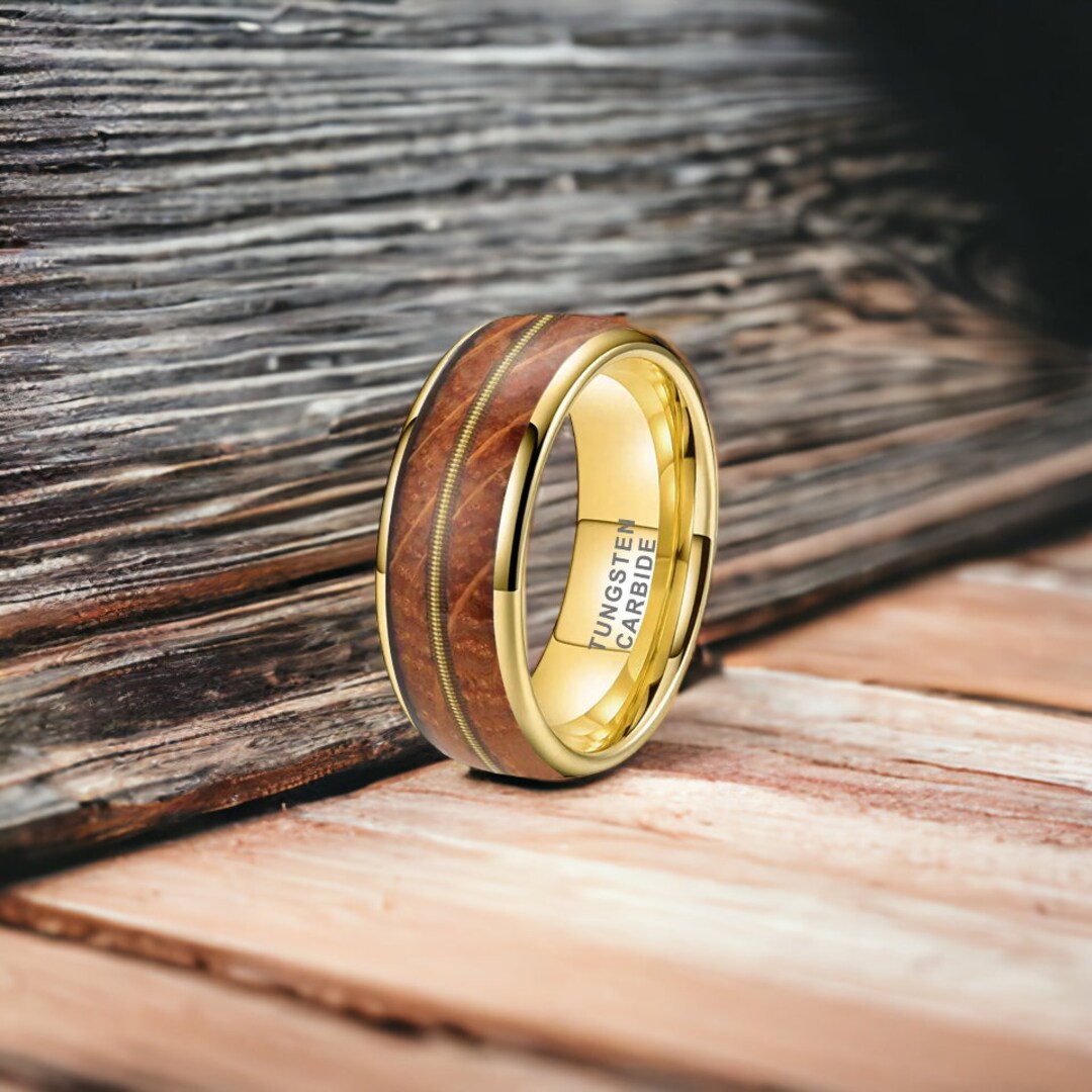 8mm Gold Whisky Barrel Tungsten Ring With Guitar String Inlay - Mens ...
