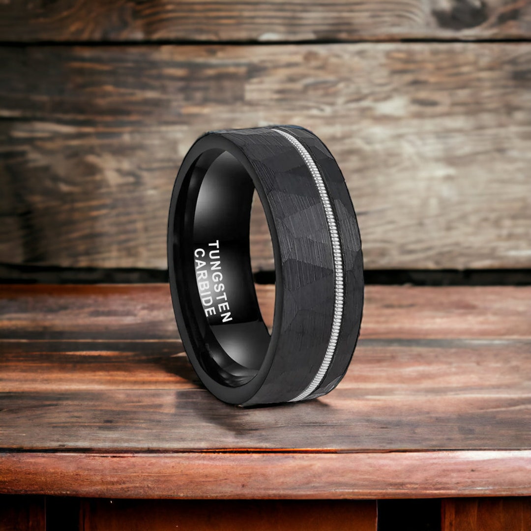 8mm Black Hammered Tungsten Ring With Guitar String Inlay - Mens Rings ...