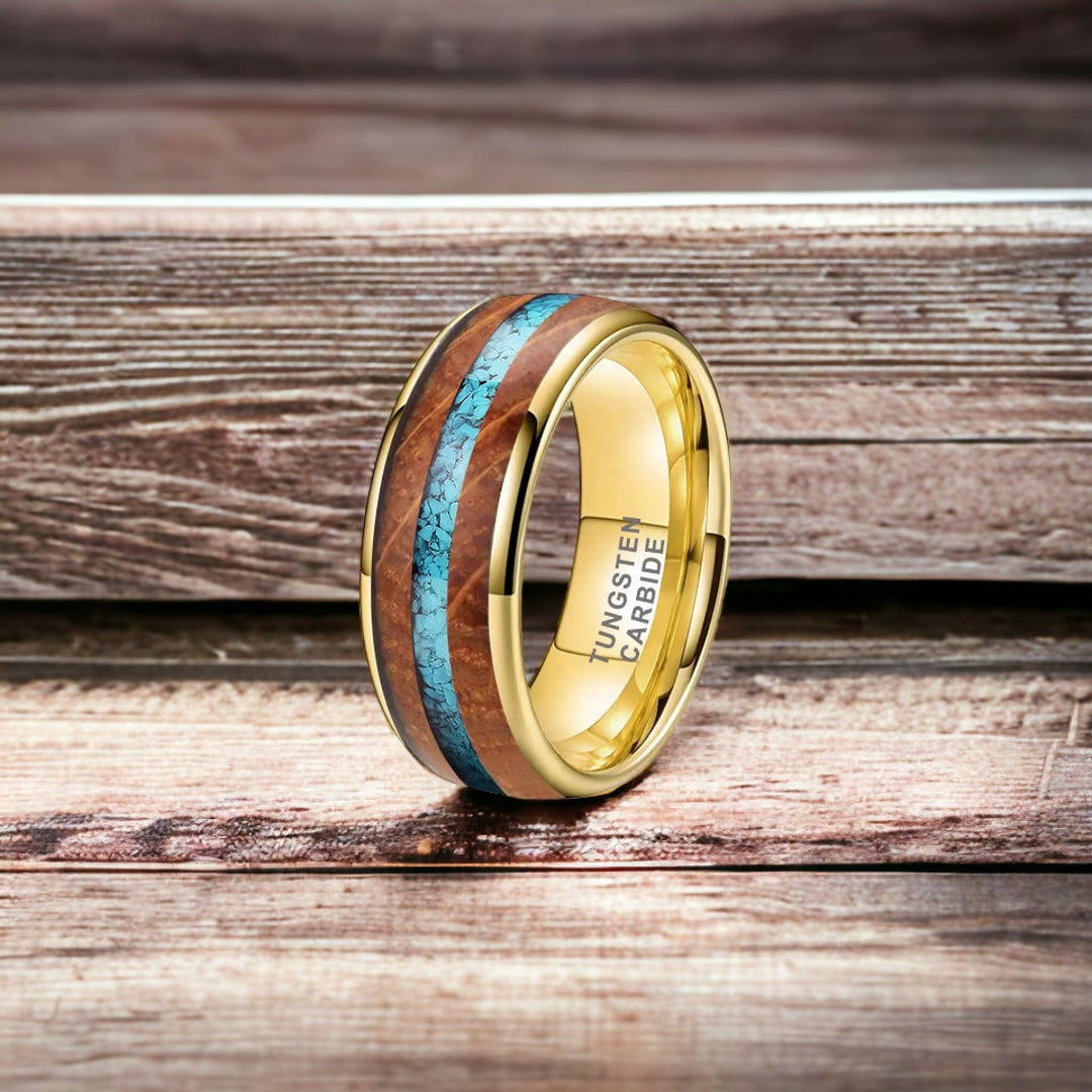 8mm Gold Whisky Barrel Oak Wood With Crushed Turquoise Inlay Tungsten ...