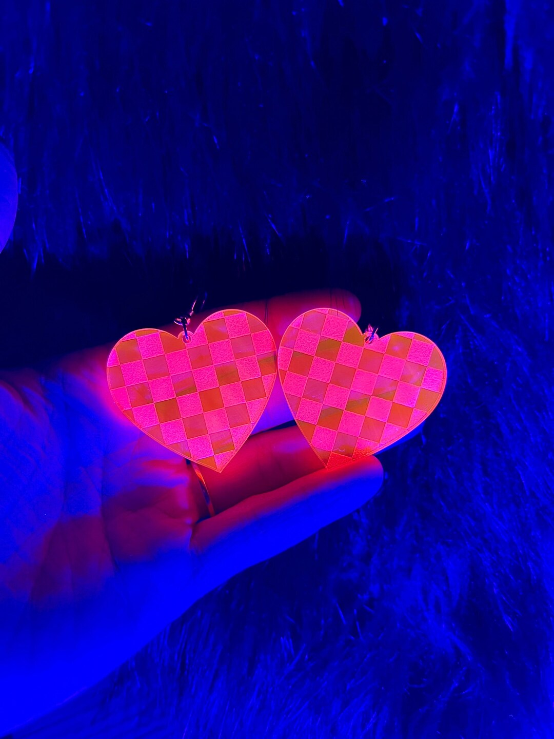 Checkered Heart Earrings UV Reactive Earrings Neon Jewelry for Rave ...