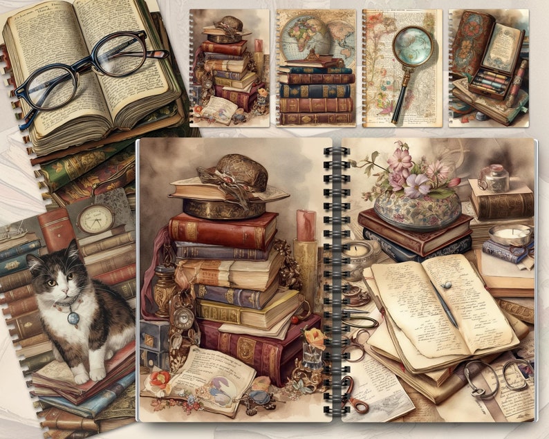Dark Academia Vintage Books, Antique Library Ephemera, Junk Journal Kit ...