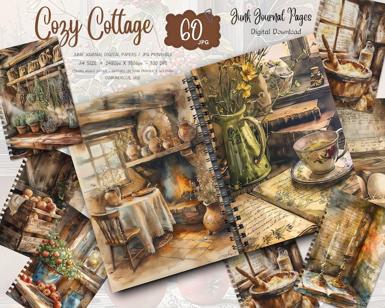Cozy Cottage Junk Journal Pages, Digital Cottagecore Scrapbook Paper ...
