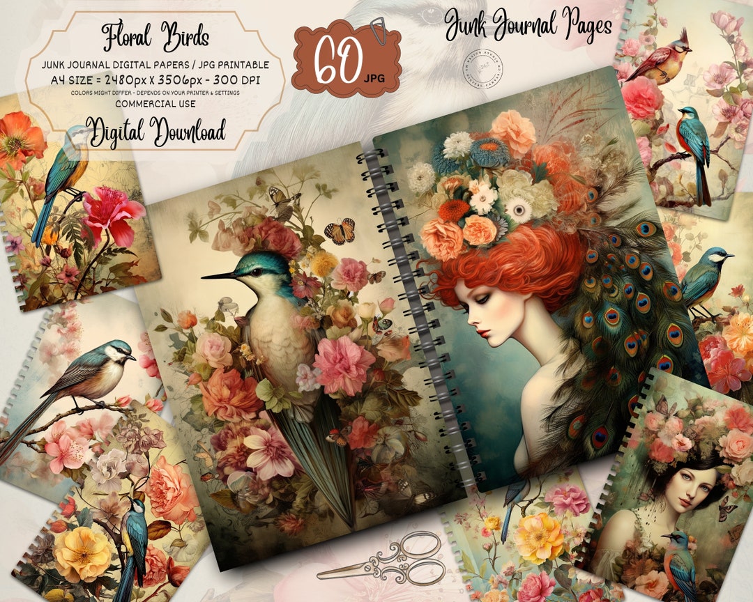Vintage Bird Junk Journal Kit, Digital Floral Scrapbook Paper Kit ...