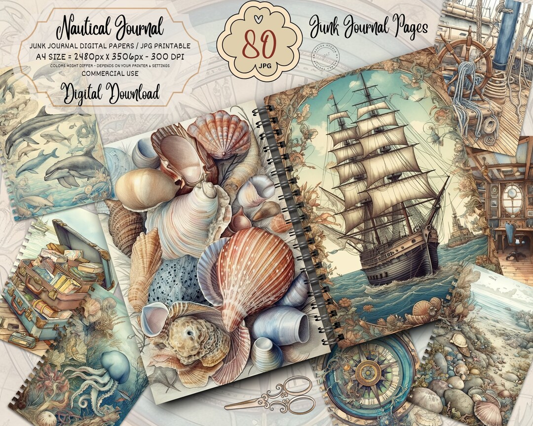 Nautical Junk Journal Kit, Digital Scrapbook Pages, Printable Collage ...