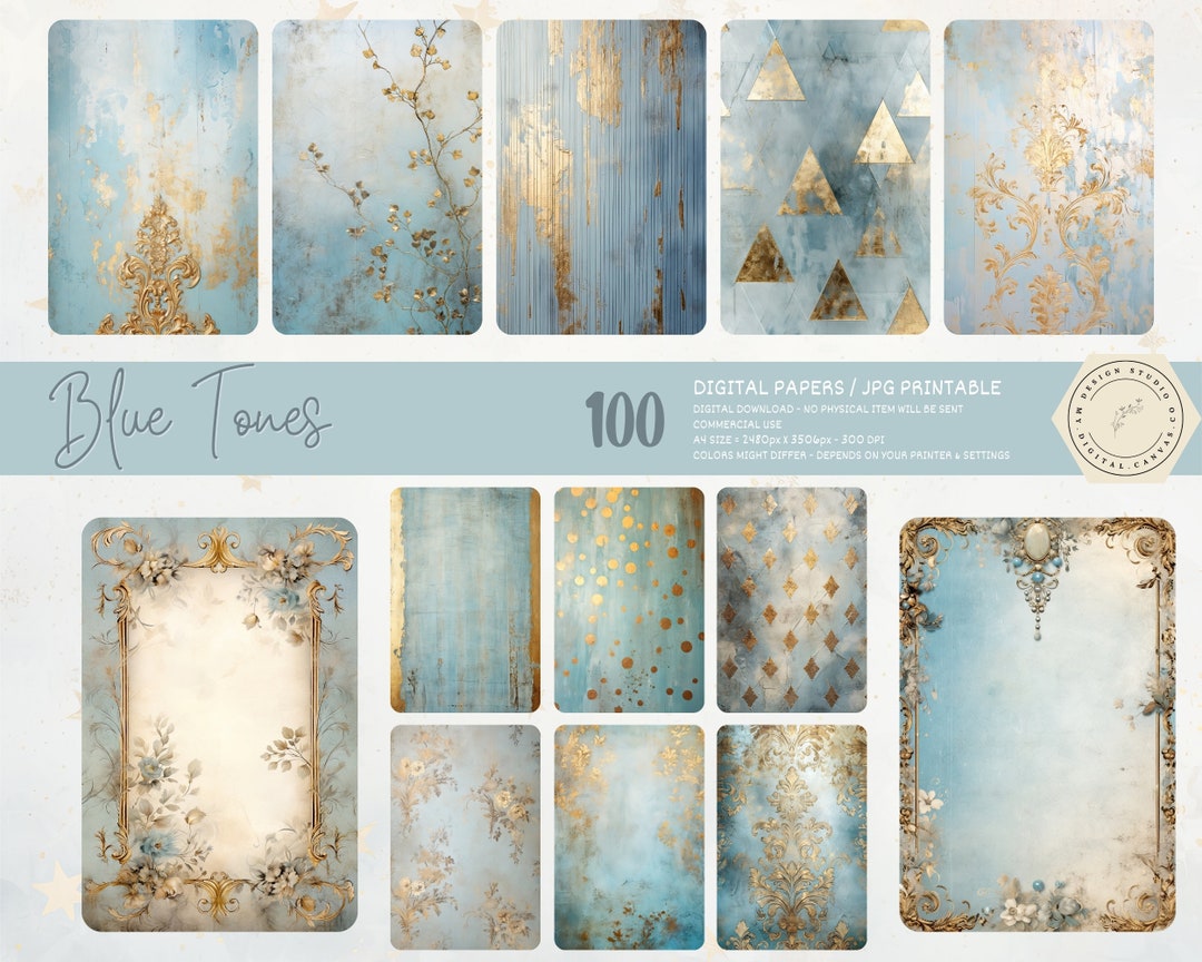 Printable Blue Paper, 100 Sheets, Big Bundle Damask Pattern, Stripes ...
