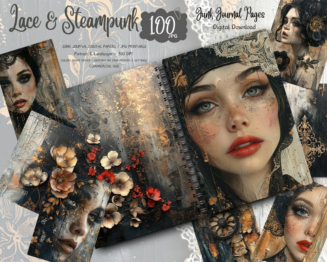 Vintage Steampunk Lace Junk Journal Pages, Goth Floral Journaling Paper ...