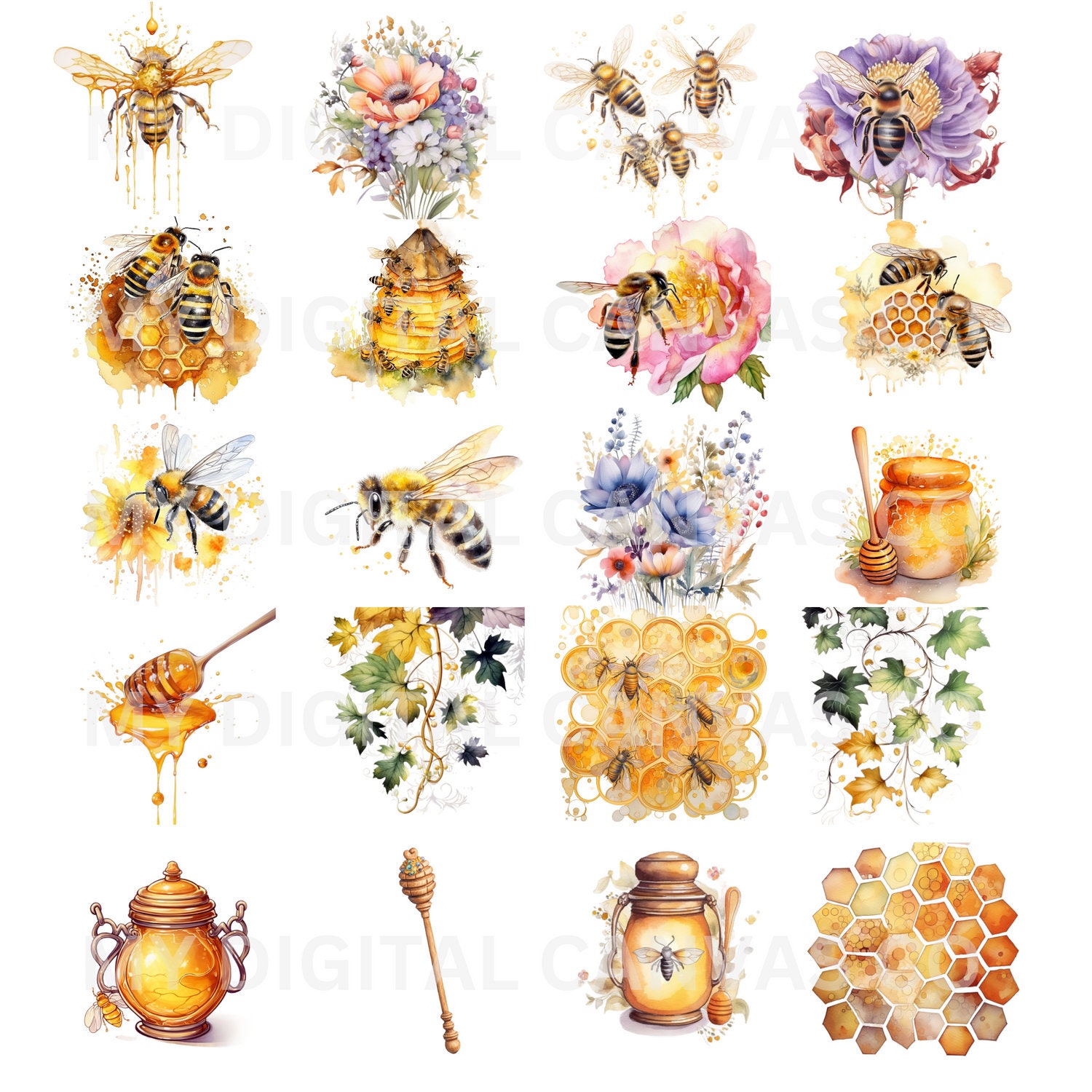 Watercolor Honey Bee Clipart, Spring Garden Bee and Honey Drips Clip ...