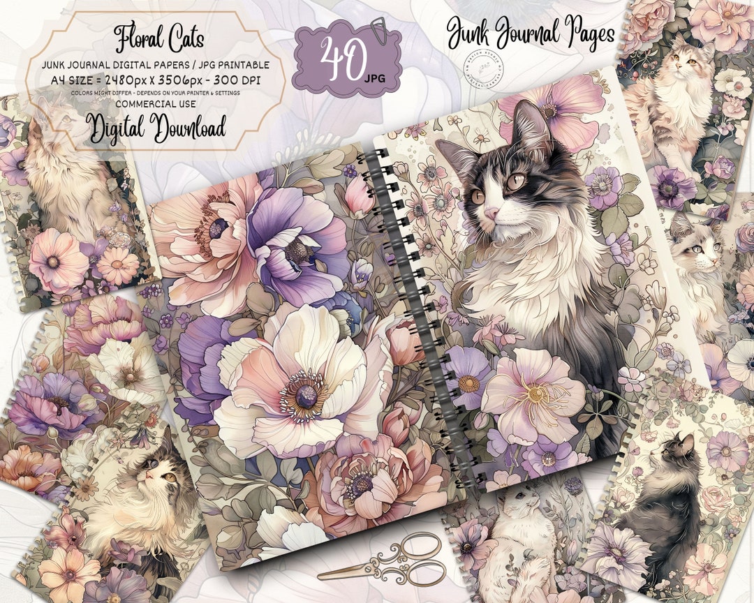 Watercolor Cat Junk Journal Printable Page, Kitten With Flowers Junk ...