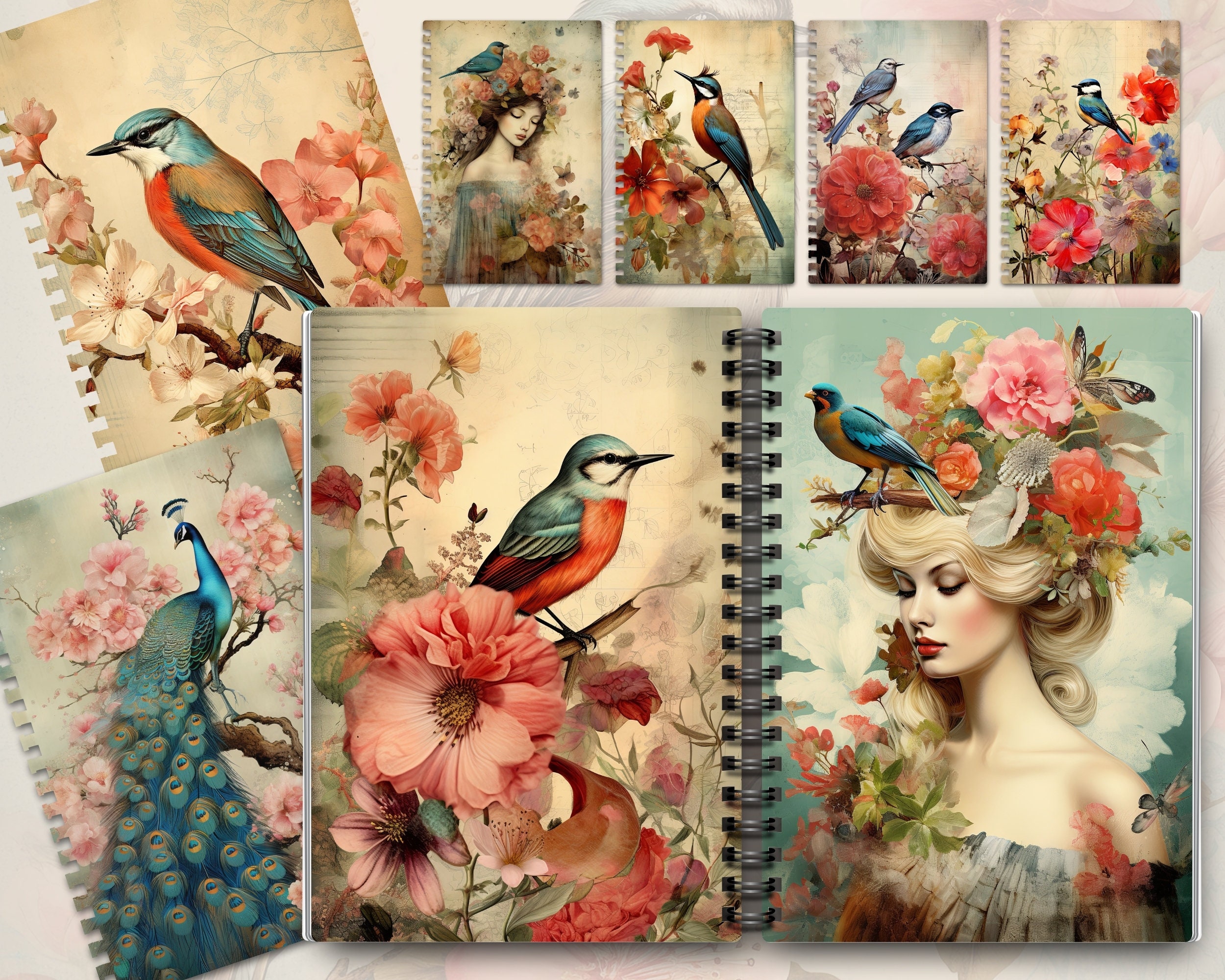 Vintage Bird Junk Journal Kit, Digital Floral Scrapbook Paper Kit ...