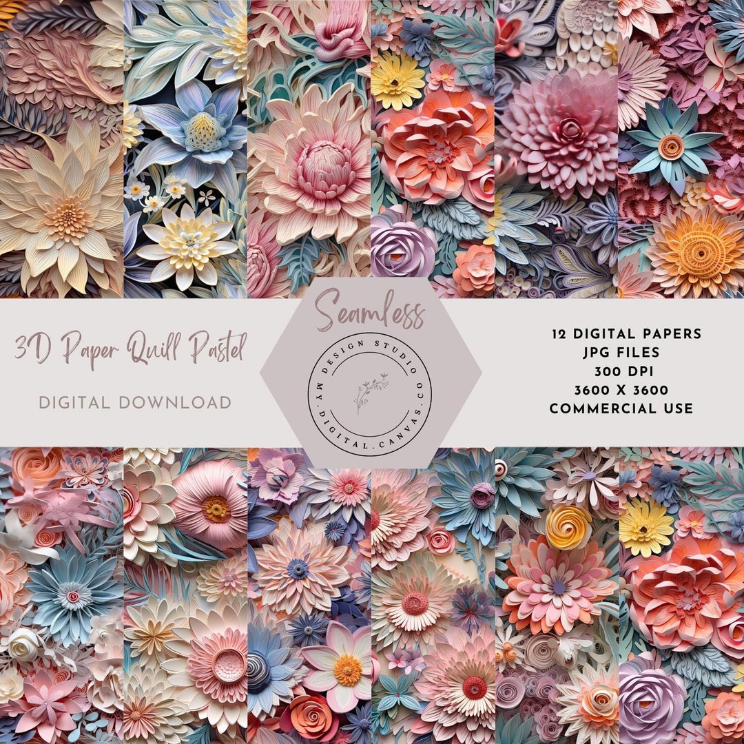3d PASTEL Flower QUILL Medley - 3d Flower Seamless Patterns - 16 ...