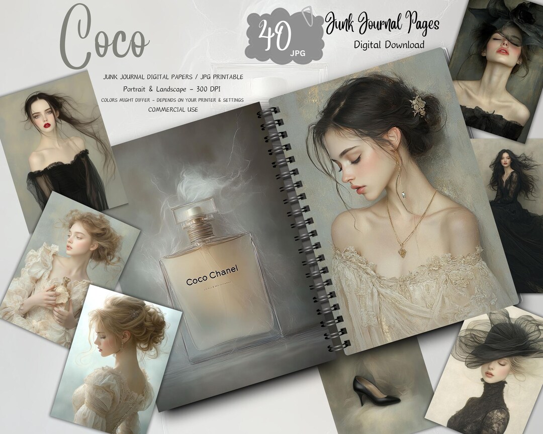 COCO Women Junk Journal, Chanel Style, Junk Journal Kit, Digital Papers, Printable Ephemera ...