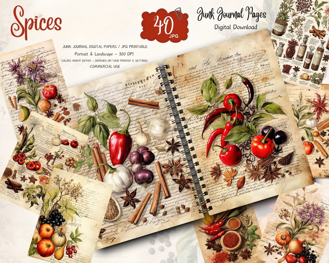 Herbs & Spices Junk Journal Pages, Digital Botanic Scrapbook Paper Kit ...