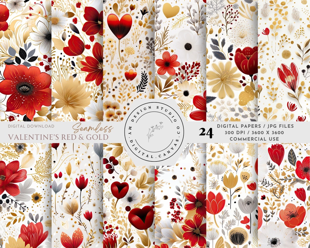 Red and Gold Luxury Floral Digital Paper - VALENTINES DAY - Seamless ...