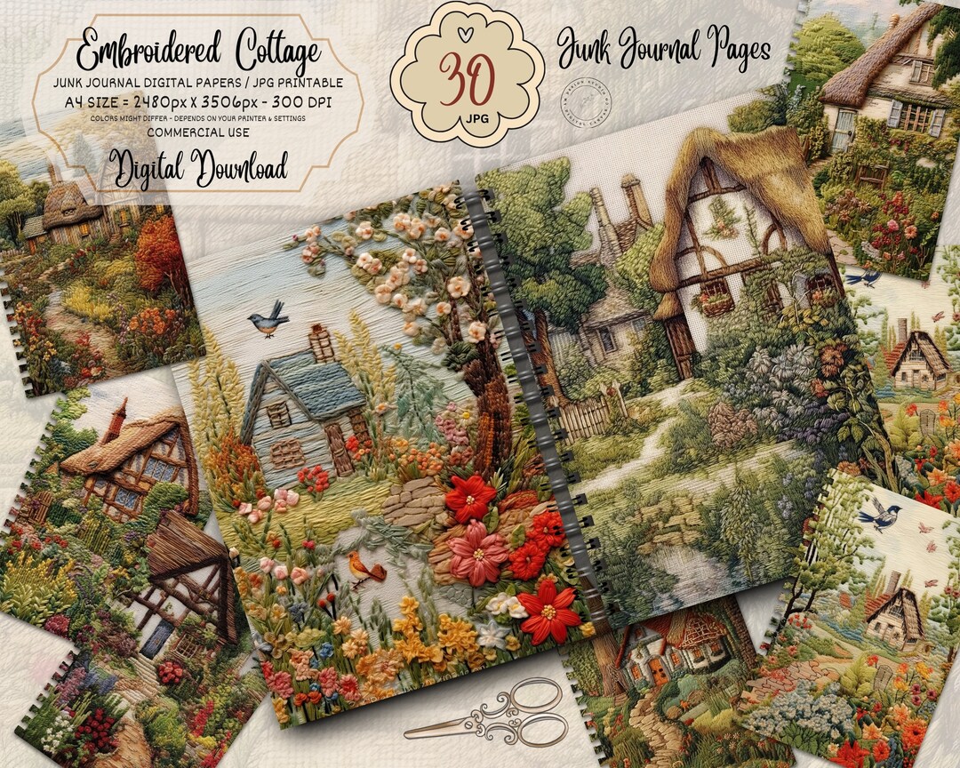 Embroidered Cottage Junk Journal Pages, Digital Scrapbook Paper Kit ...