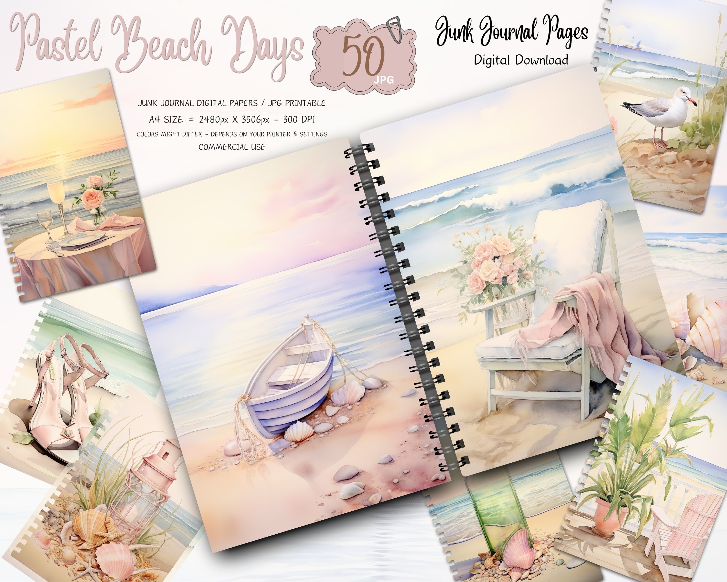 Vintage Beach Junk Journal Pages, Pastel Beach Themed Scrapbook Paper ...