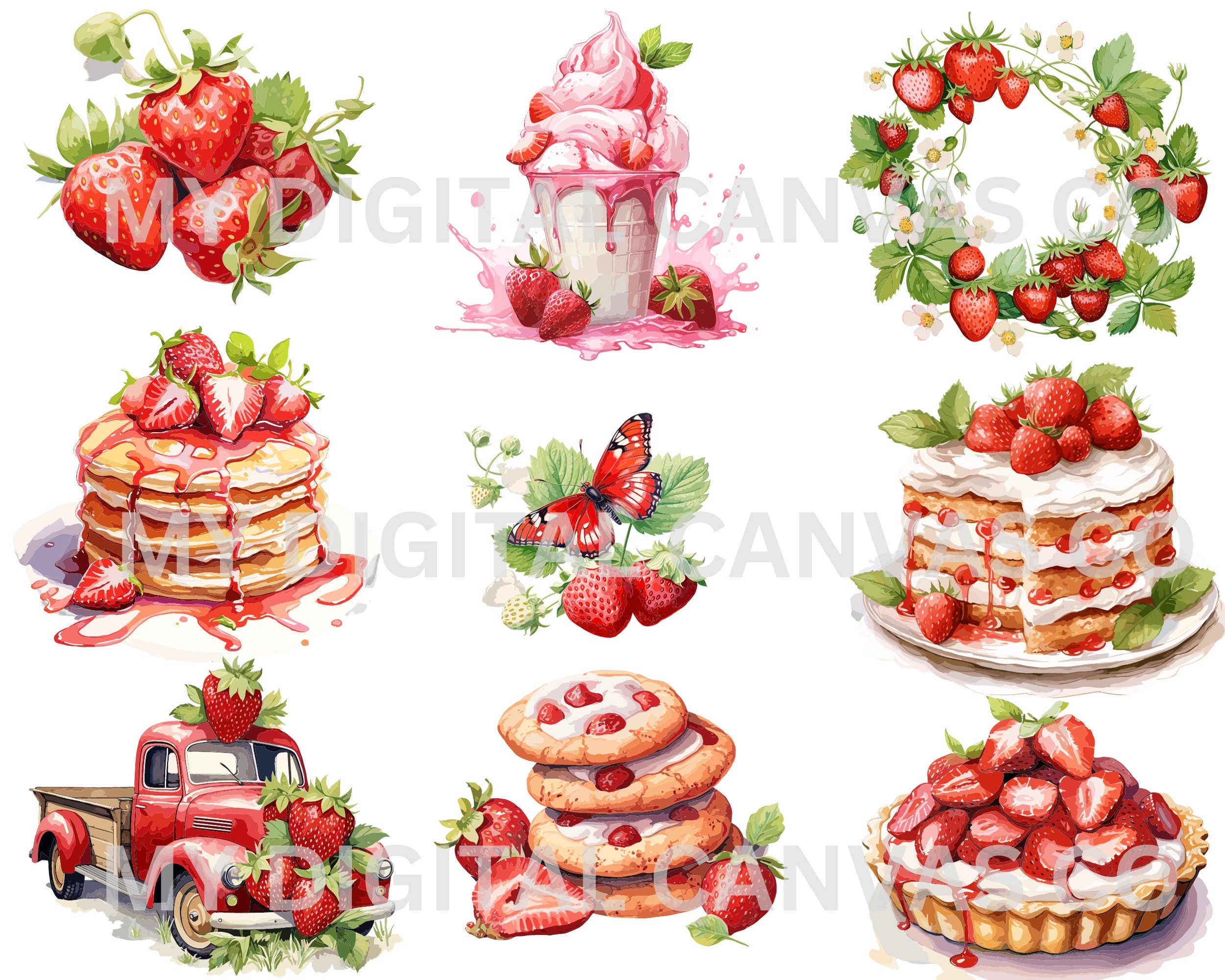 Watercolor Strawberries Clipart Digital Png SVG Strawberry Cupcake and ...
