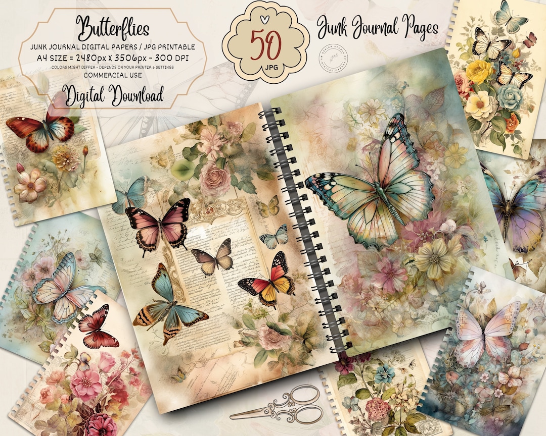 Watercolor Butterfly Junk Journal Kit Fantasy Butterfly Journal Pages ...