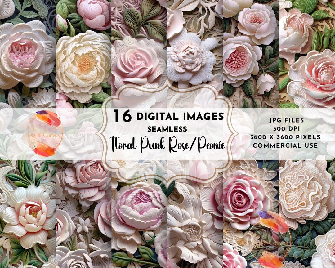 3D Rose Peony Digital Paper: Floral Seamless Patterns (digital Download ...