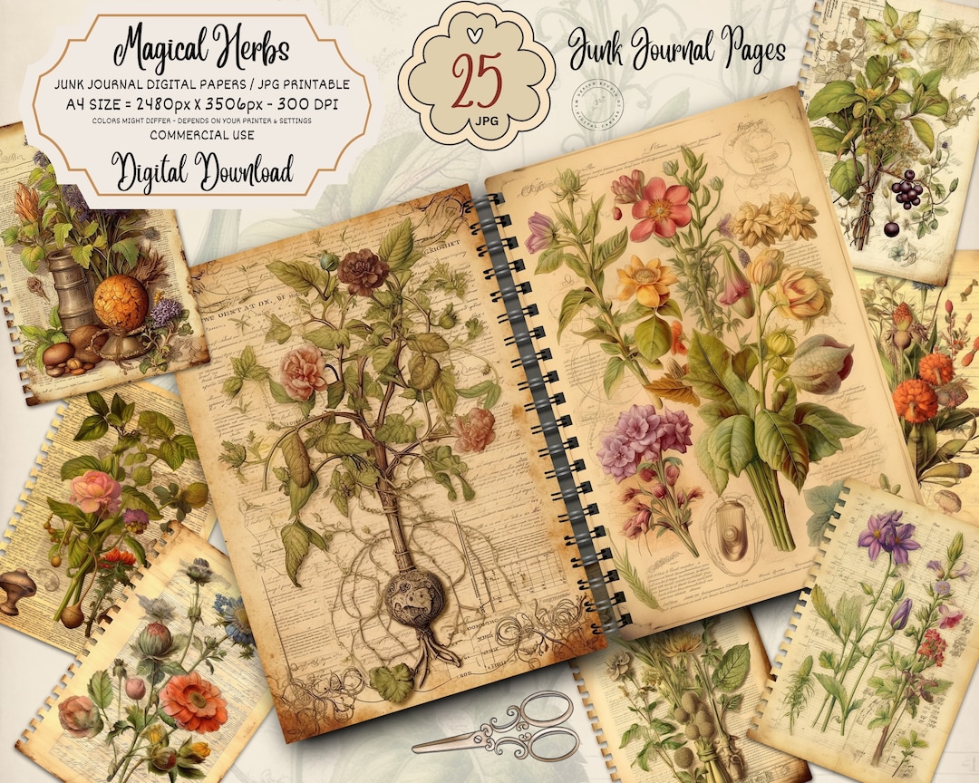 Botanical Herbs Junk Journal Pages, Digital Scrapbook Paper Kit, Herbal ...