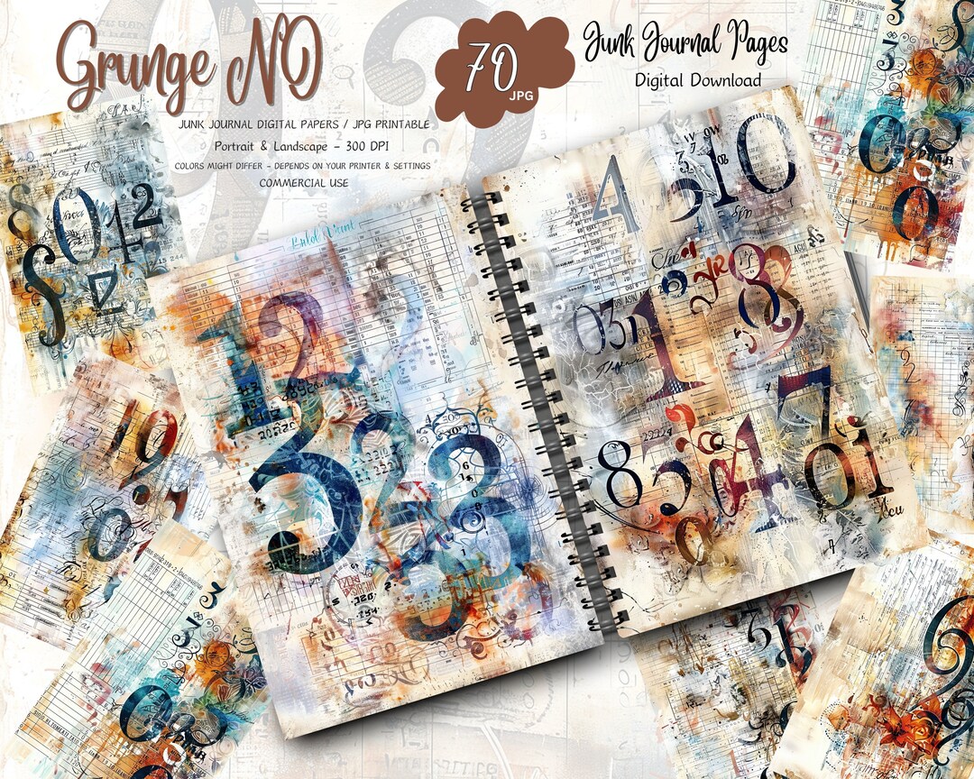 Digital NUMBERS Grunge Junk Journal Pages - Instant Download Vintage ...