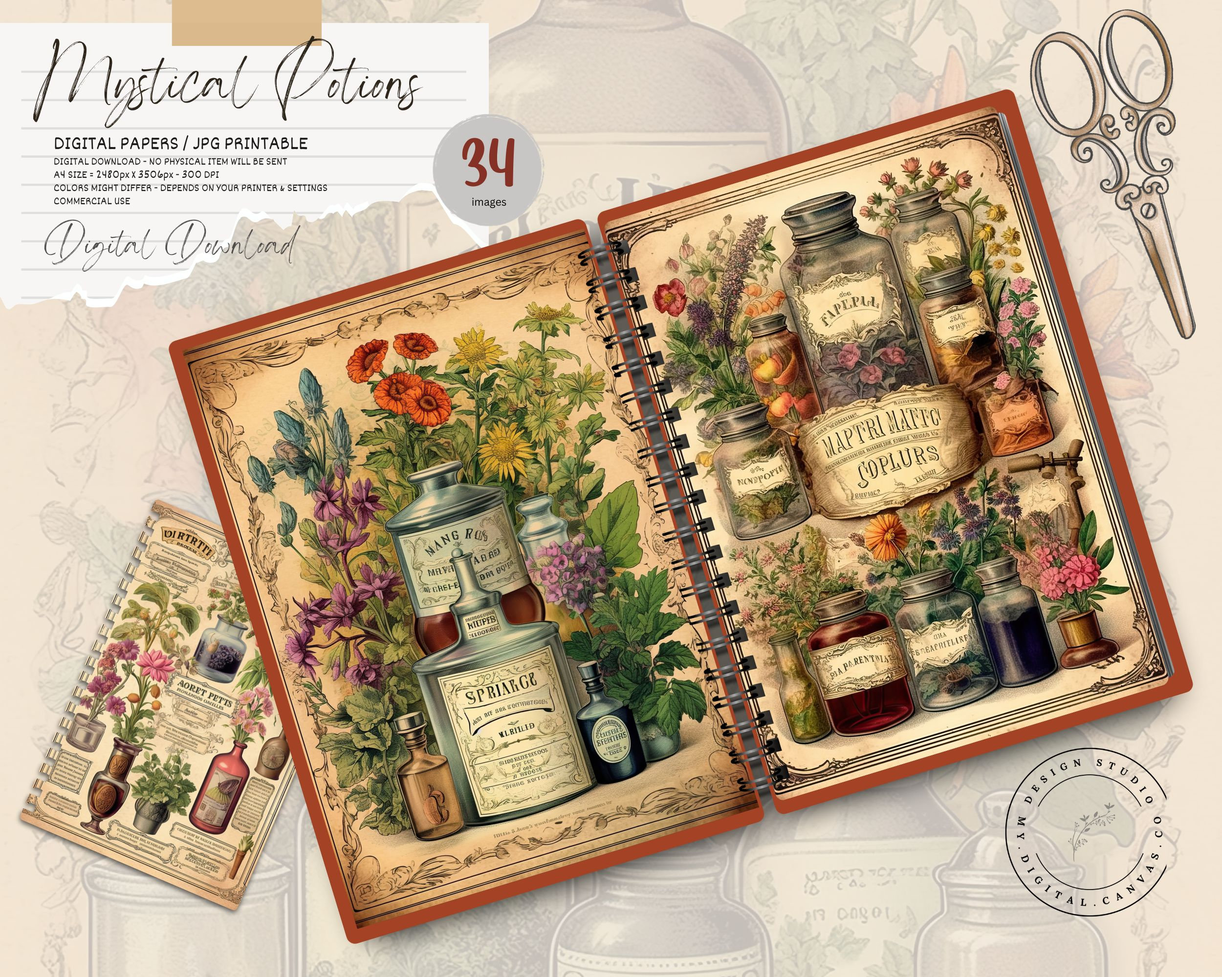 Apothecary Bottles Junk Journal Pages, Digital Scrapbook Paper Kit ...