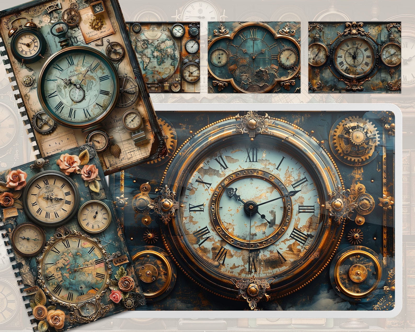 Steampunk Clocks Junk Journal Pages, Digital Industrial Paper, Digi ...