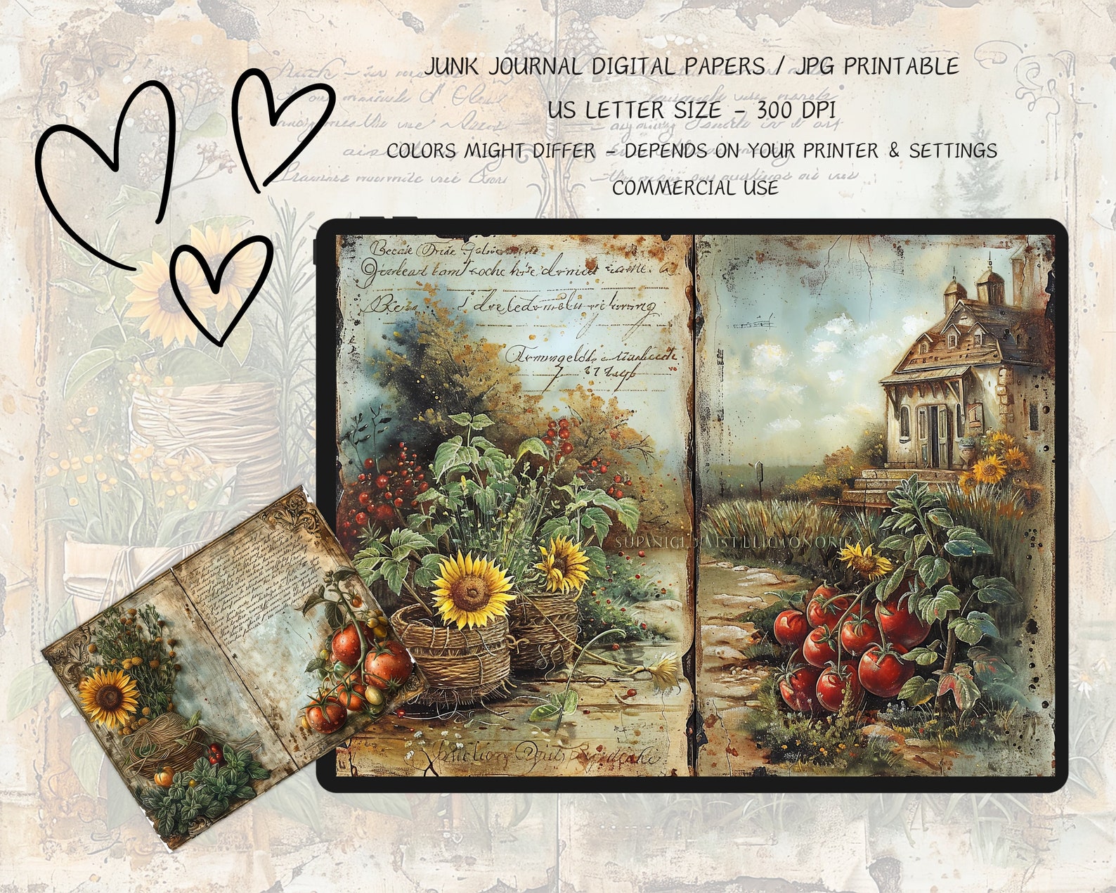 Junk Journal Kit Sunflower Tomato, Vintage Garden Ephemera Collage ...