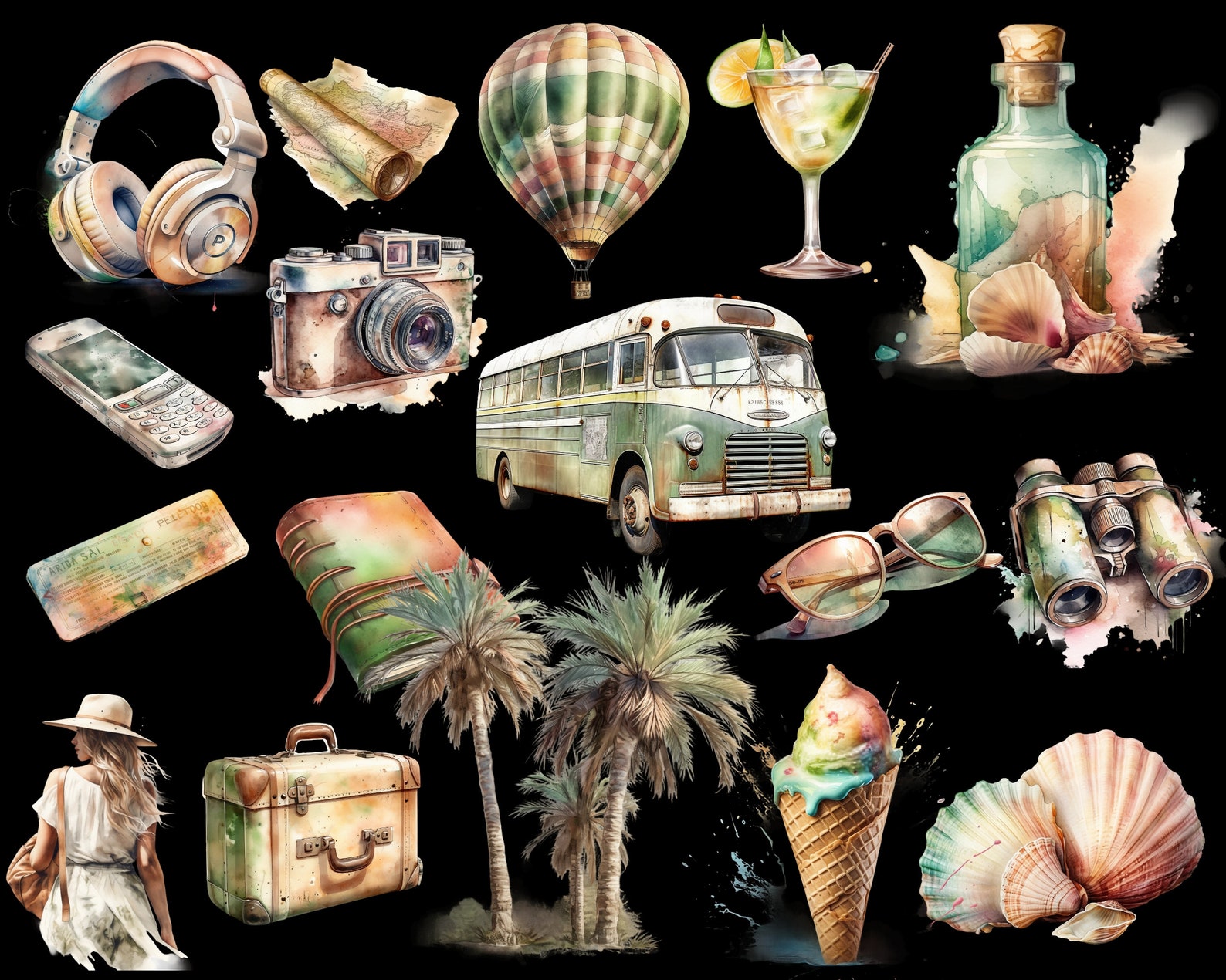 Vintage Summer Beach Watercolor Clipart Set, Vacation Clip Art, Boho ...