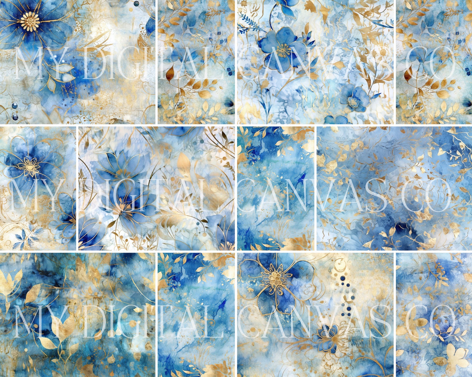 Distressed Blue and Gold Digital Paper: Vintage Grunge Textures ...